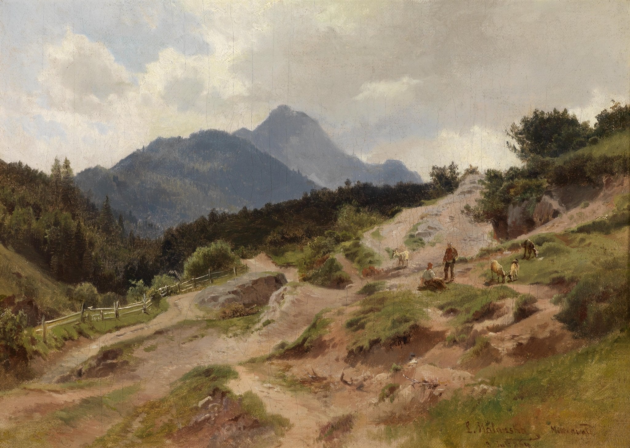 Landscape Oil Painting - Mountain Path Rural & Figures, Goats, Peaks ...